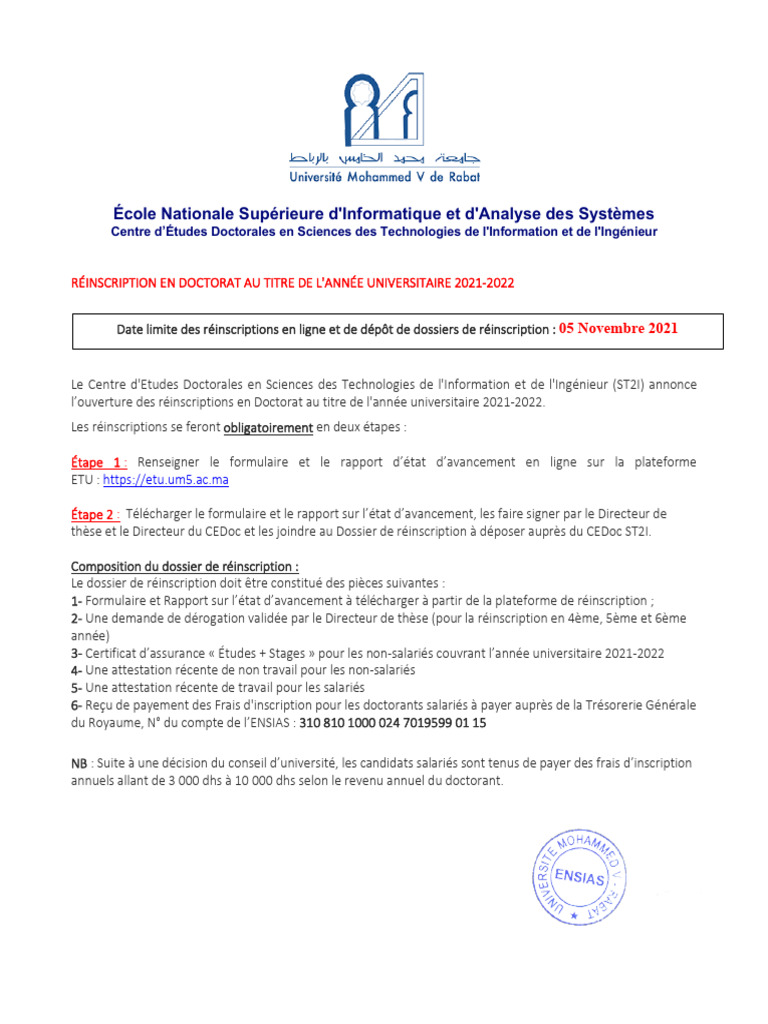 Avis Reinscription Doctorat 2021 2022 CEDoc ST2I ENSIAS ENSAM UM5R | PDF