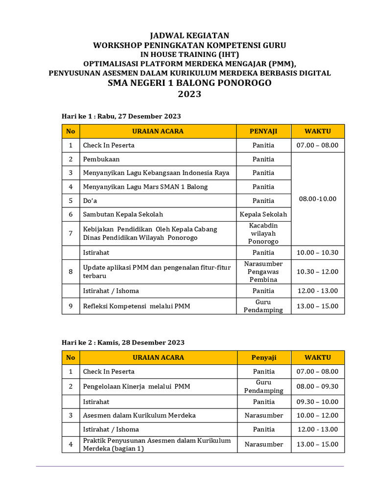 JADWAL KEGIATAN IHT 27-29 Des 2023 (3 Hari) | PDF