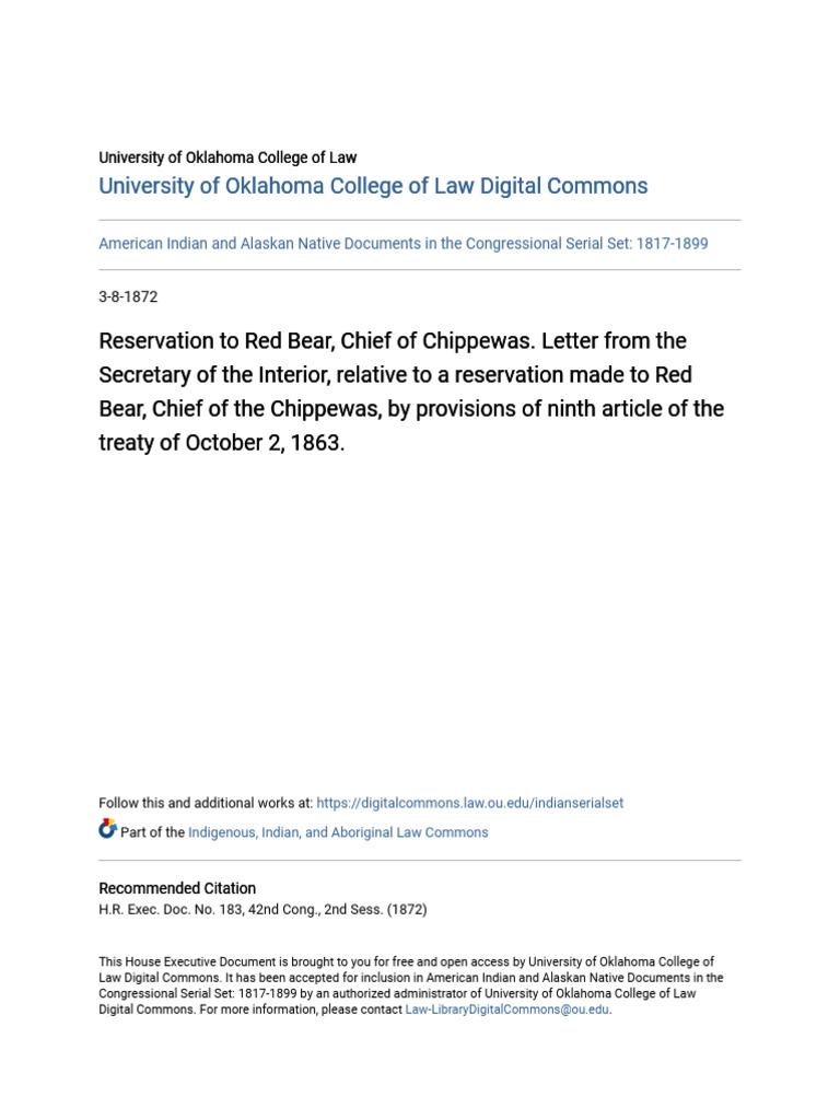 Reservation To Red Bear Chief of Chippewas. Letter From The Secr | PDF ...