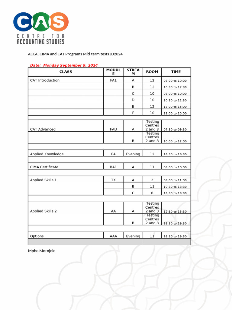 ACCA, CIMA and CAT Mid-Term Test Time Table JD2024 | PDF