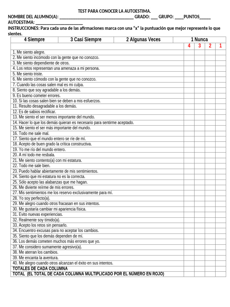 Test Autoestima | PDF