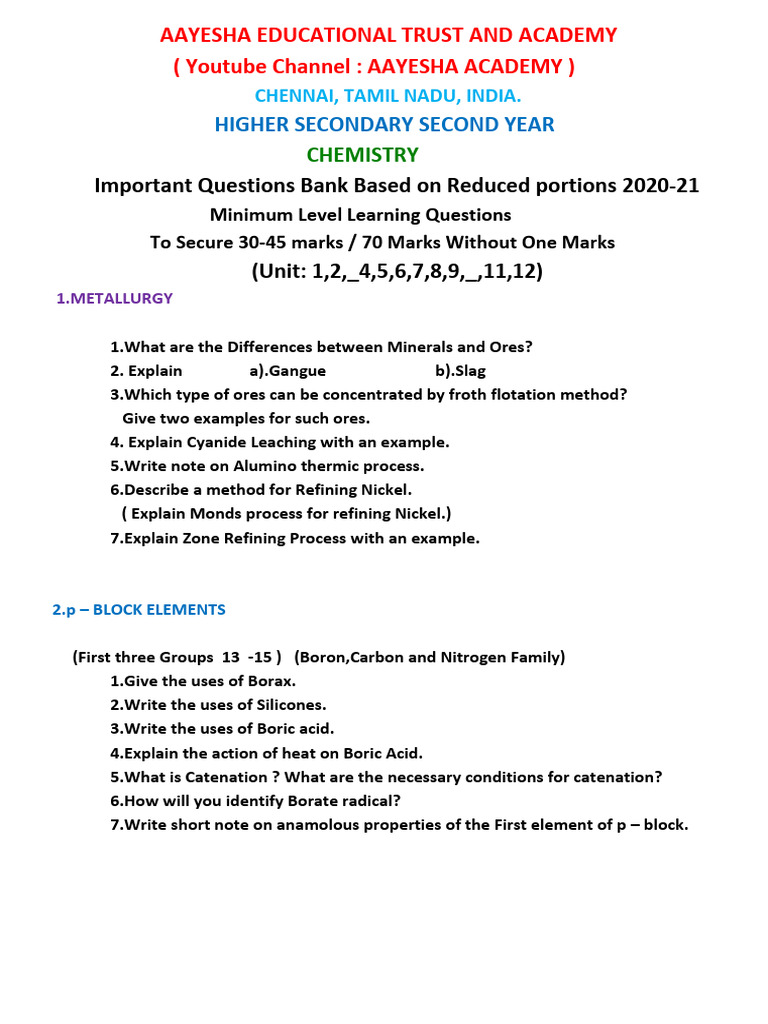 12th Minimum Level Question UNITS 1 TO 12 Except 3 and 10 - Water ...