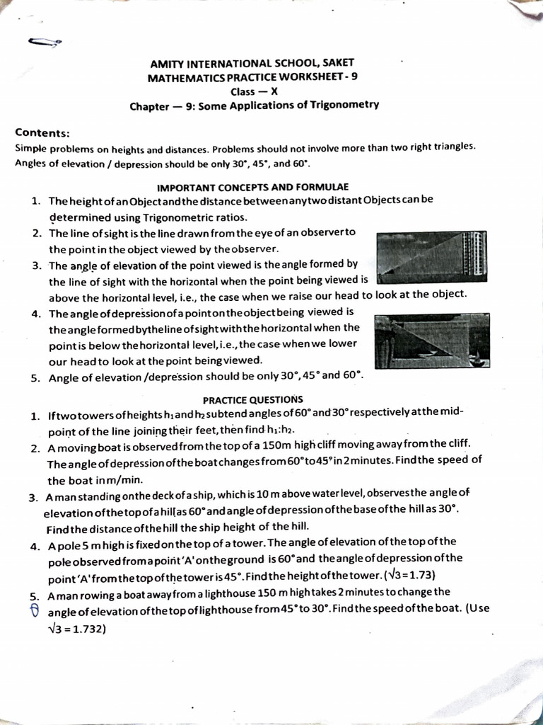 CH 9 Application of Trigonometry Worksheet | PDF | Trigonometry ...