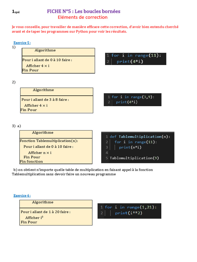 1ere Spe AP Fiche5 Boucles Bornees Correction | PDF