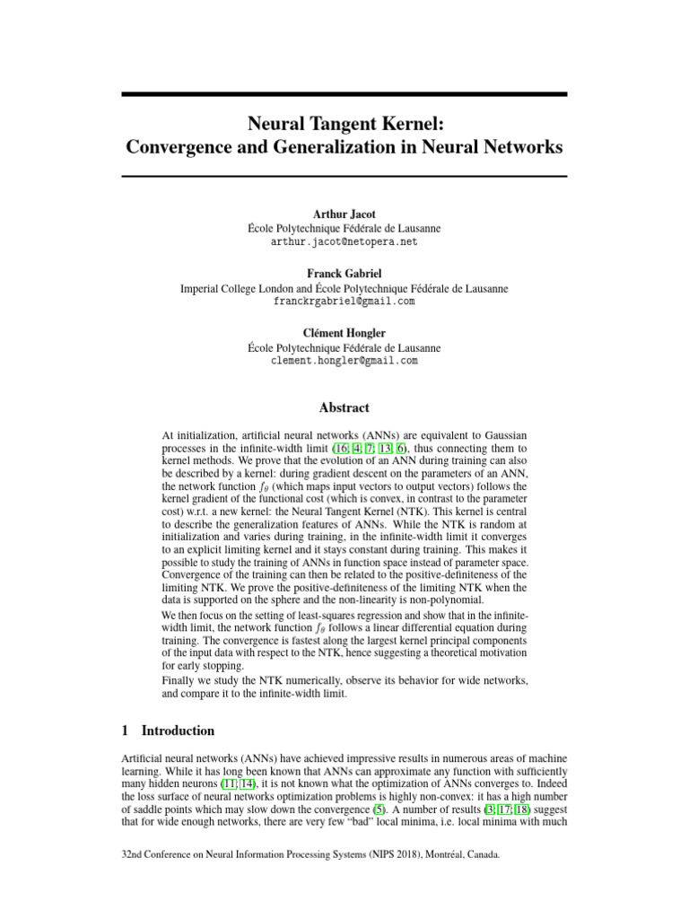 Neural Tangent Kernel: Convergence and Generalization in Neural Networks | PDF