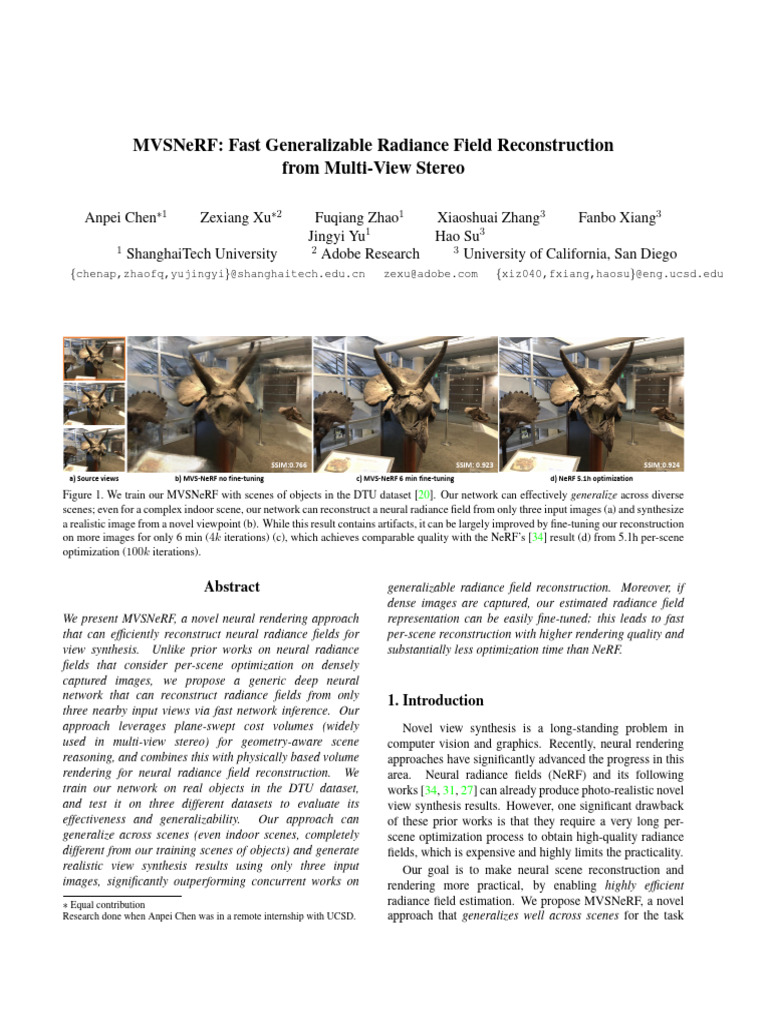 MVSNeRF (Fast Generalizable Radiance Field Reconstruction) | PDF MVSNeRF (Fast Generalizable Radiance Field Reconstruction) | PDF