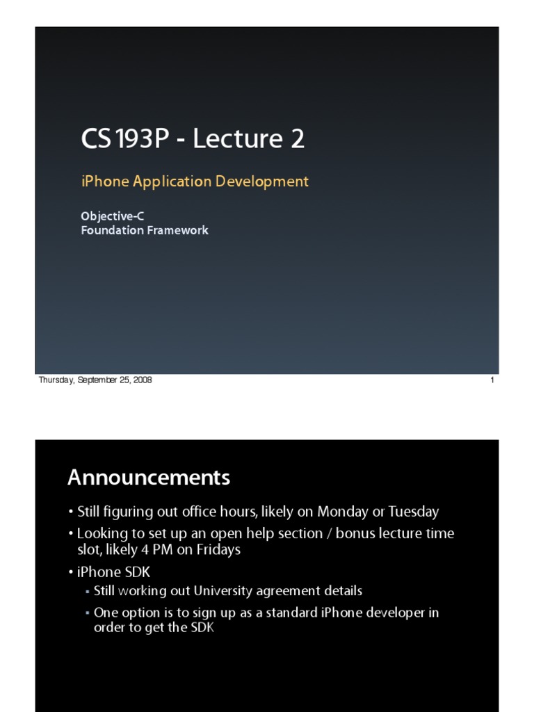 Standford CS 193P: 02-Objective C | PDF | Objective C | Class (Computer Programming)
