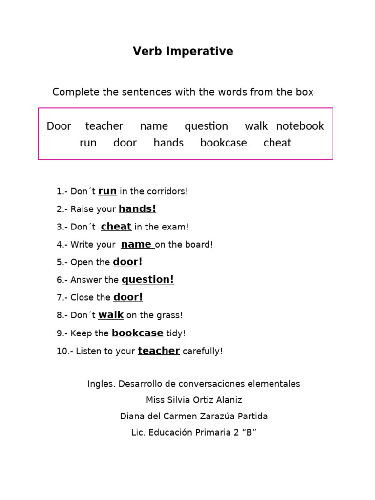 Verb Imperative Activity. | PDF