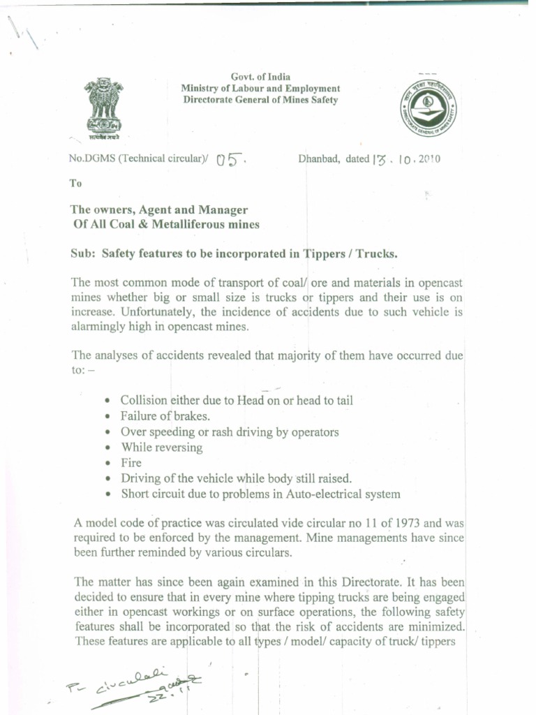 DGMS Circular 5 0f 2010 | PDF | Truck | Vehicles