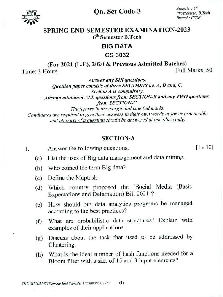 6th Semester B.Tech, CSSE, Big Data, CS-3032, For 2021 (LE, 2020 & Previous Admitted Batches ...
