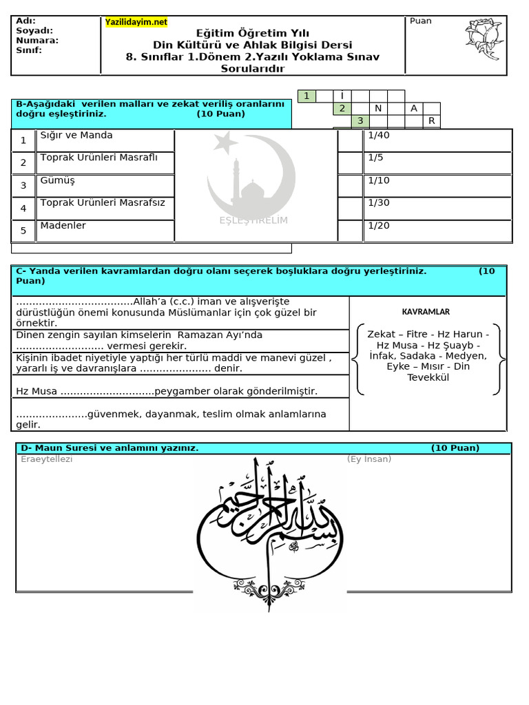 8.sinif Din Kulturu 1.donem 2.yazili Sorulari 1 | PDF