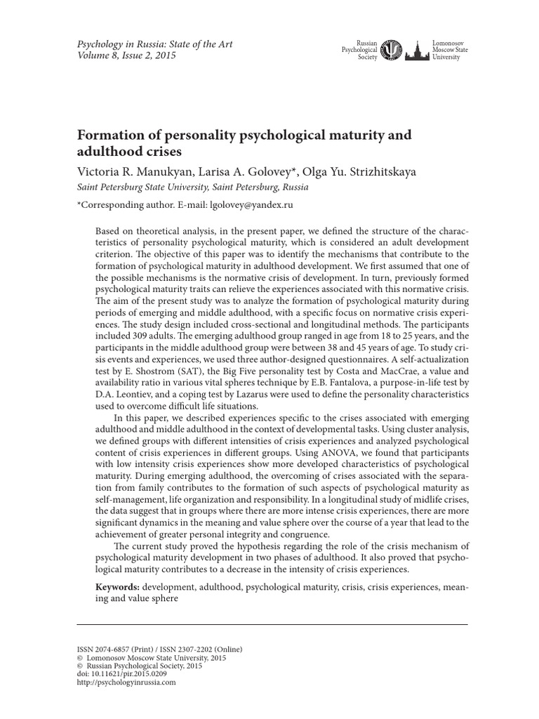 Formation of Personality Psychological Maturity and Adulthood Crises | PDF