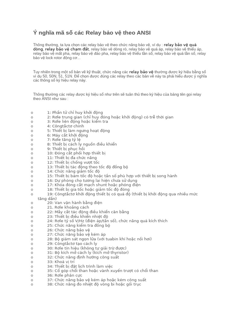 Ý nghĩa mã số các Relay bảo vệ theo ANSI | PDF