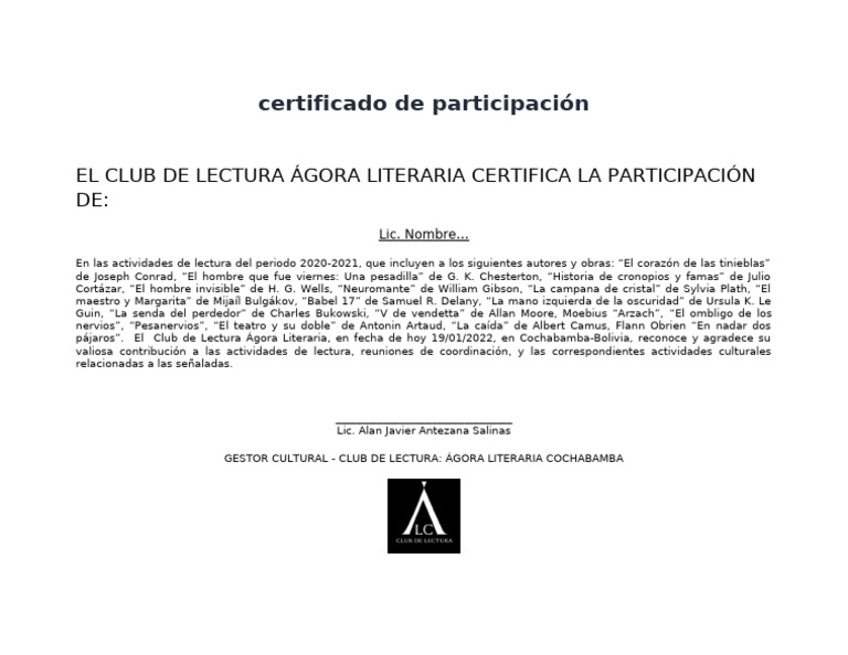 Certificado Club de Lectura 2020-2021 | PDF | Libros para adolescentes ...