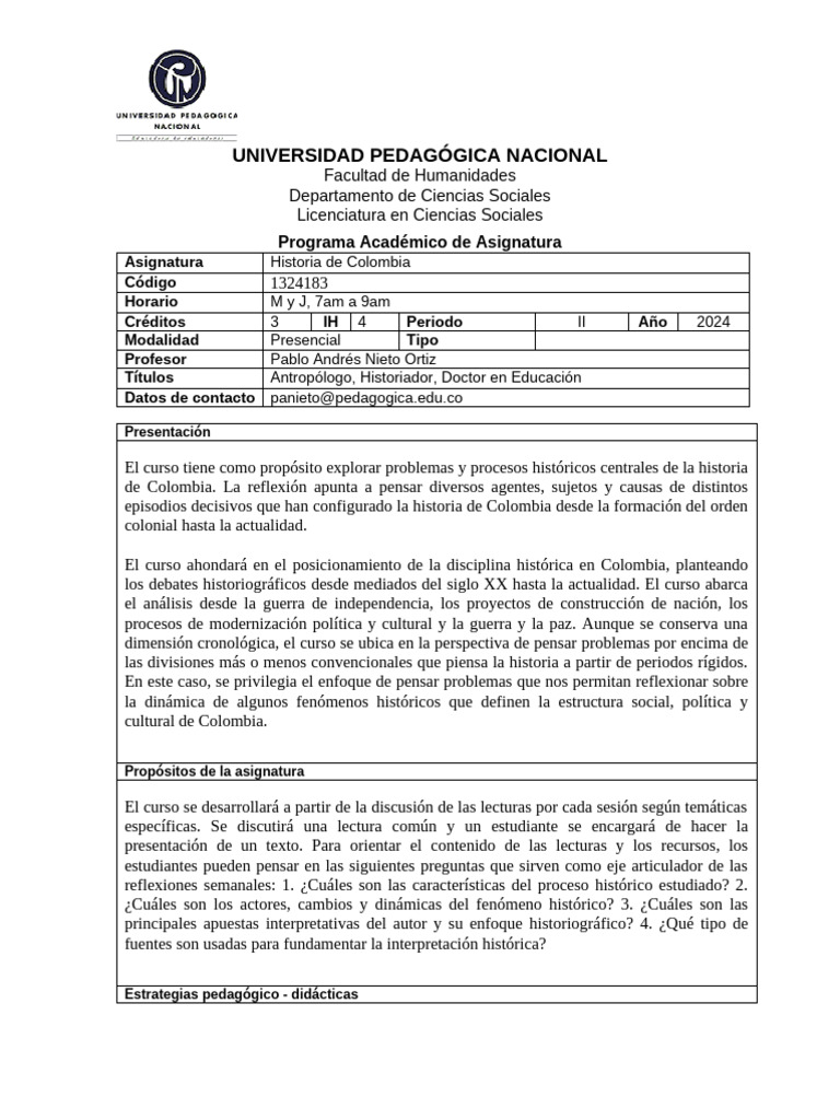 Programa Historia de Colombia - 2024-2 | PDF