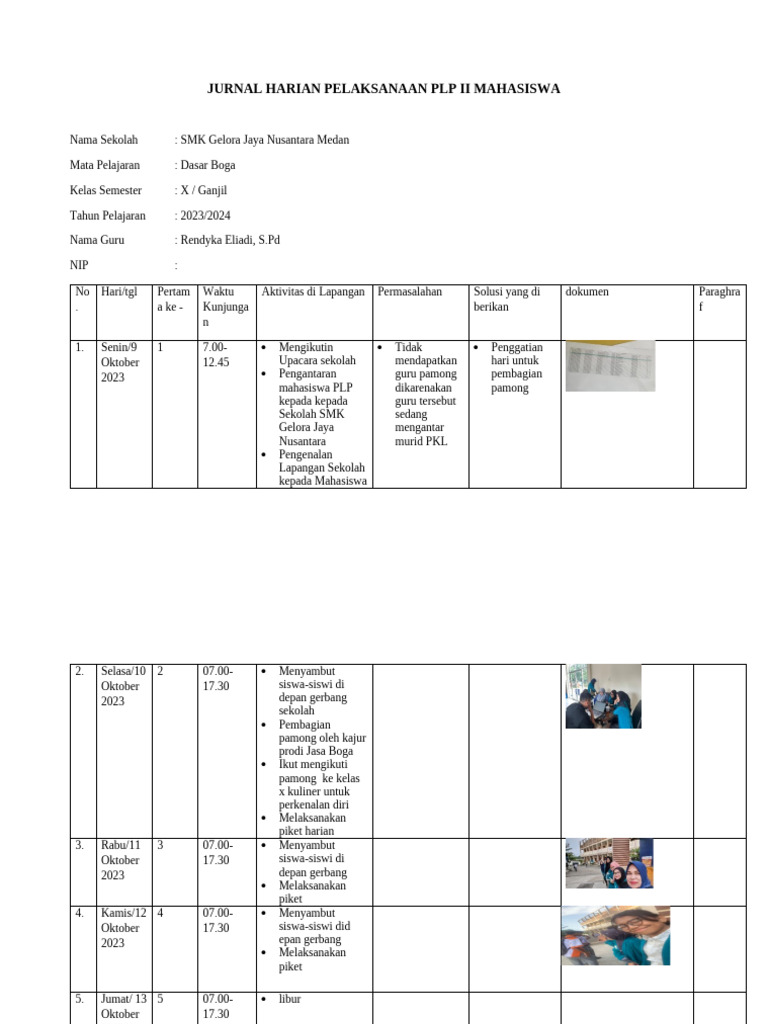 Jurnal Harian Pelaksanaan PLP II Mahasiswa Rani Salinan | PDF