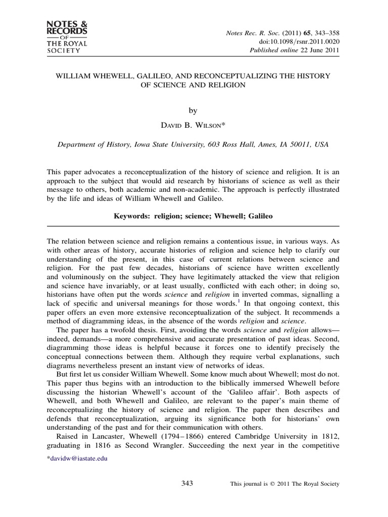 WILLIAM WHEWELL, GALILEO, AND RECONCEPTUALIZING THE HISTORY OF SCIENCE AND RELIGION | PDF