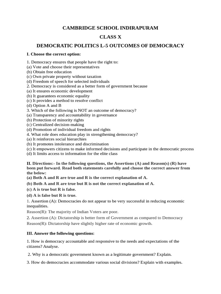 Cambridge School Indirapuram Class X Democratic Politics L-5 Outcomes ...