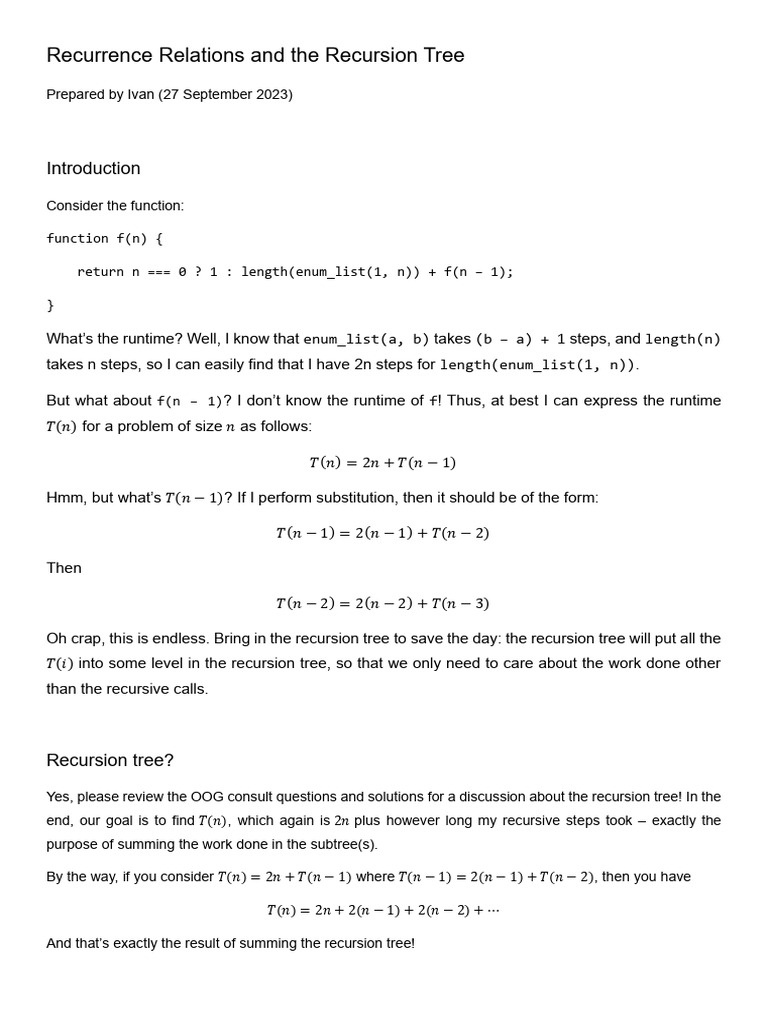 Recurrence Relations and the Recursion Tree | PDF
