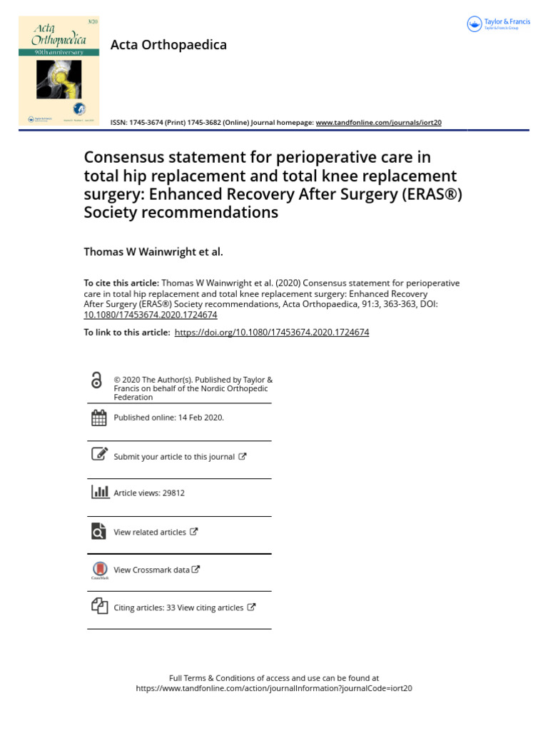 Consensus Statement For Perioperative Care in Total Hip Replacement and ...