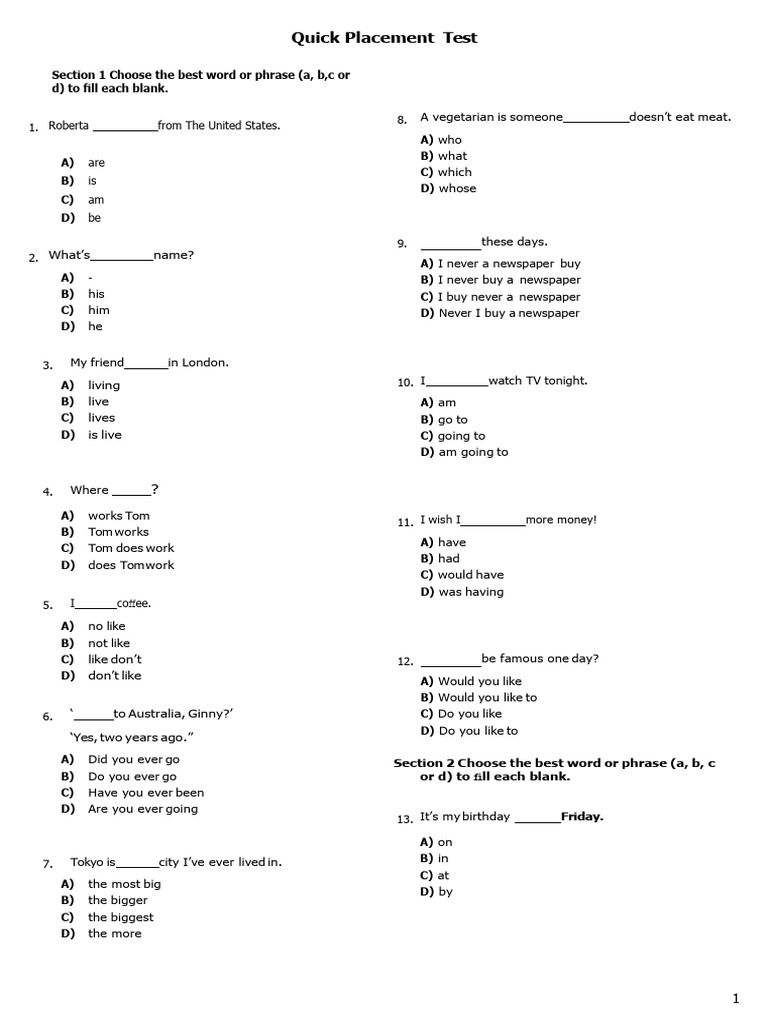 Placement Test WA - Level Test | PDF