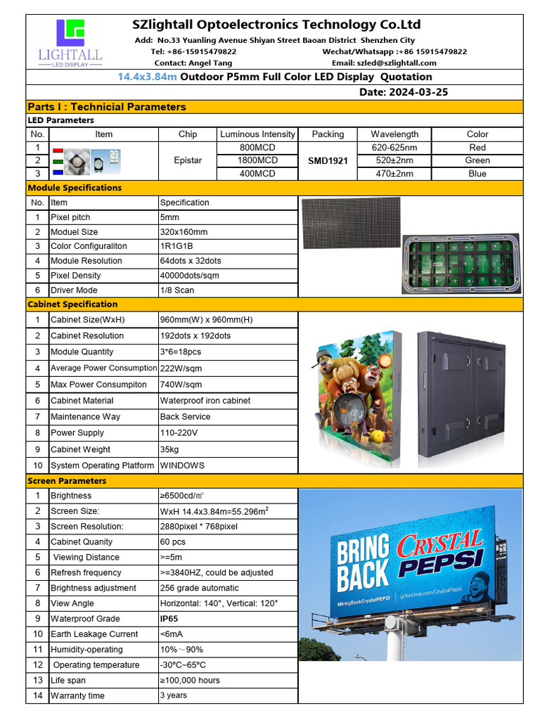 Outdoor P5mm Led Display Quotation From Angel | PDF