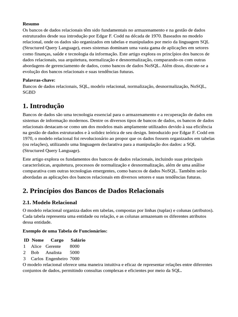 Banco de Dados Relacionais: Princípios, Arquitetura e Aplicações | PDF