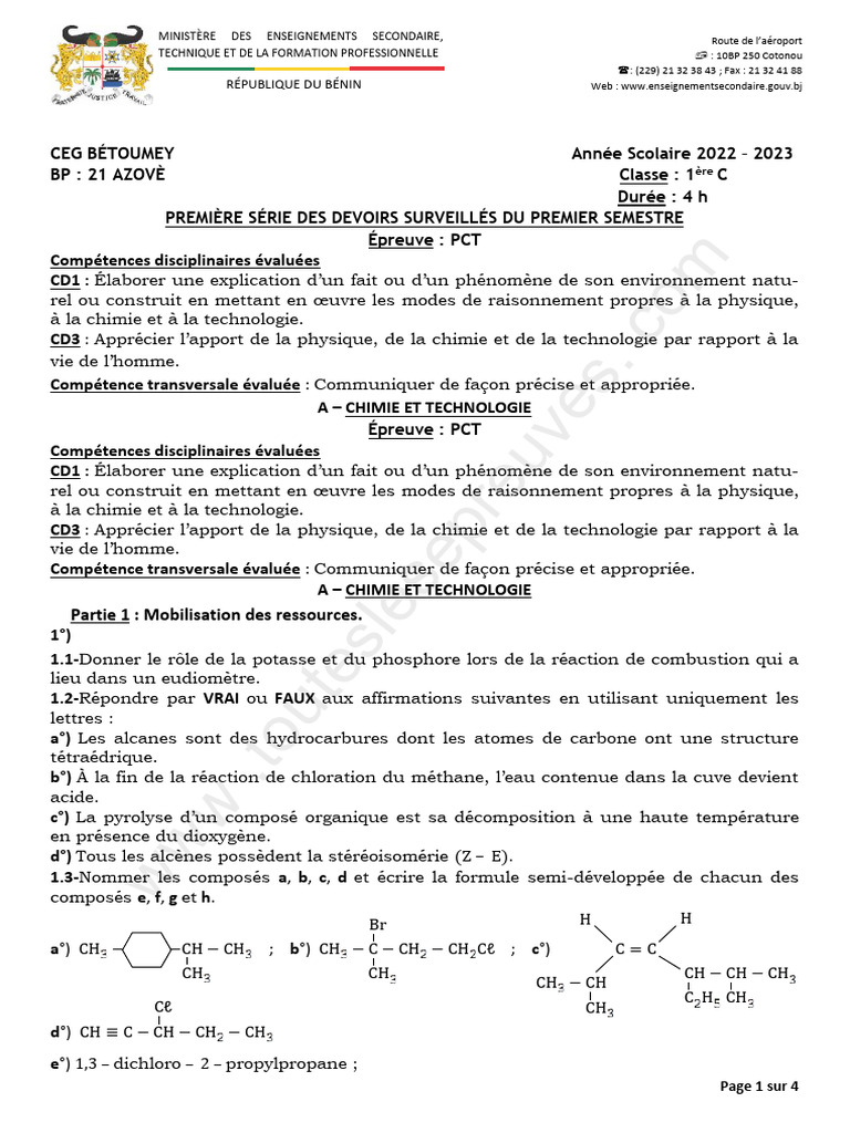 Sujet Et Corrigé Du 1er Devoir Du 1er Semestre PCT 1ère C 2022-2023 Ceg Bétoumey | PDF