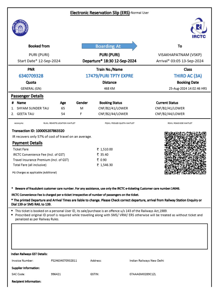 17479/puri Tpty Expre Third Ac (3A) | PDF