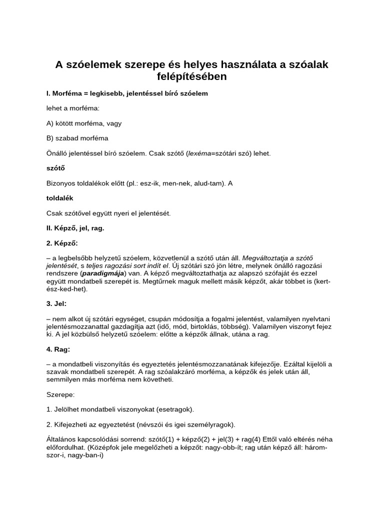 A Szóelemek Szerepe És Helyes Használata A Szóalak Felépítésében | PDF