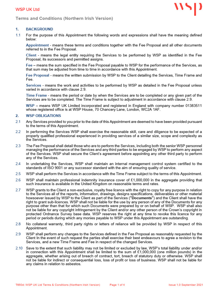 WSP UK LTD Terms and Conditions (Northern Irish Version) | PDF | Legal ...