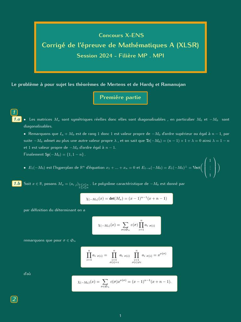 Corrigé de L'épreuve Concours X-Ens Math (A) Mp-Mpi 2024 | PDF