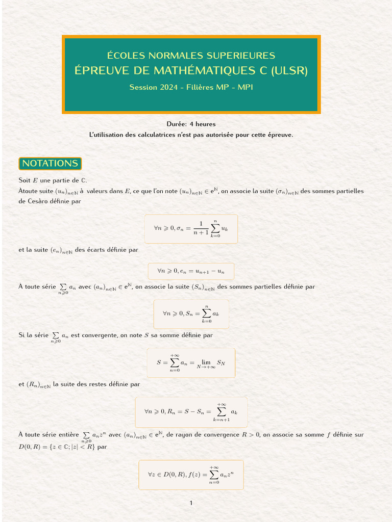Épreuve Concours X-Ens Math (C) Mp-Mpi 2024 | PDF