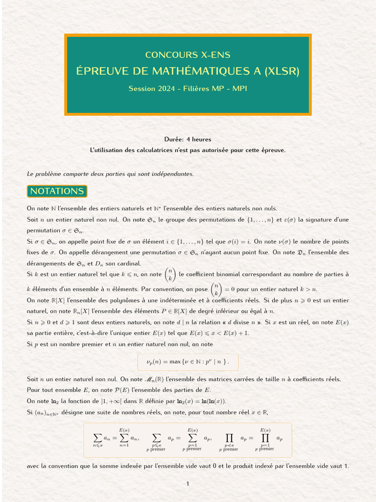 Épreuve Concours X-Ens Math (A) Mp-Mpi 2024 | PDF