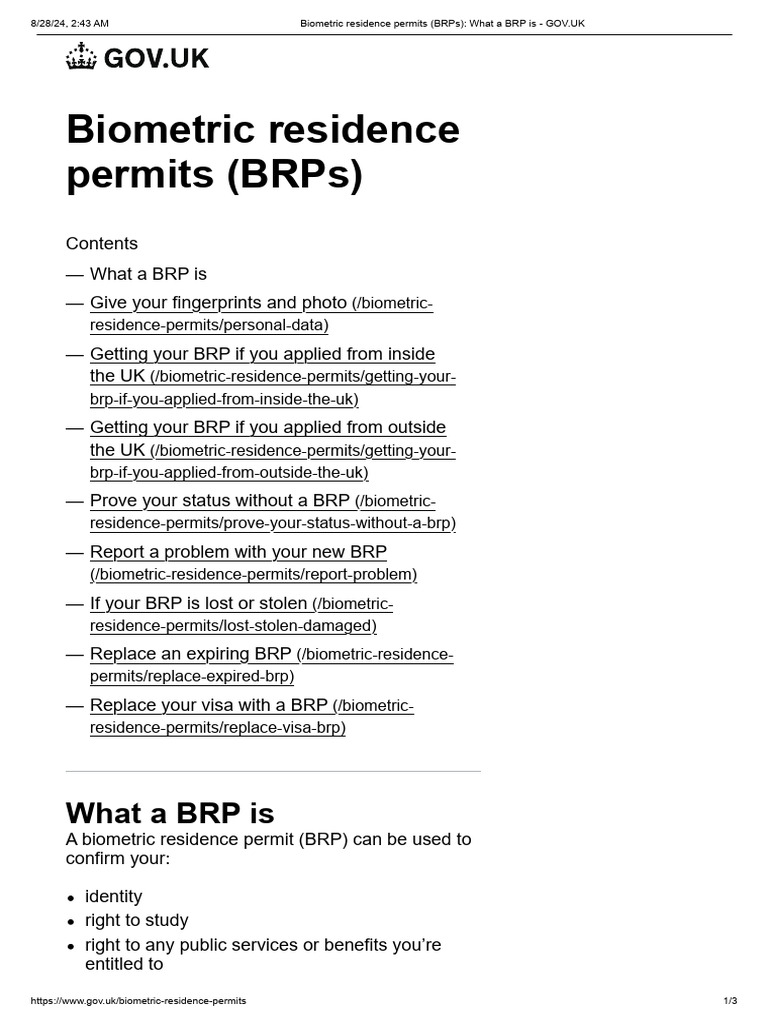 Biometric Residence Permits (BRPS) - What A BRP Is - GOV - UK | PDF