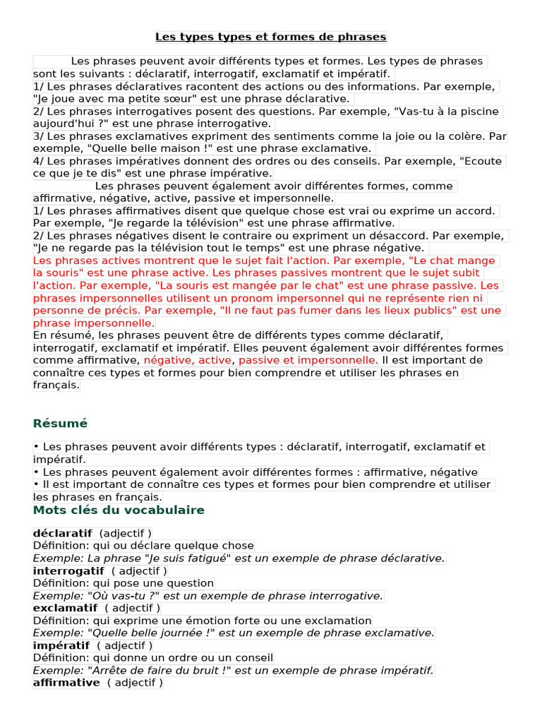 Les Types Types Et Formes de Phrases | PDF