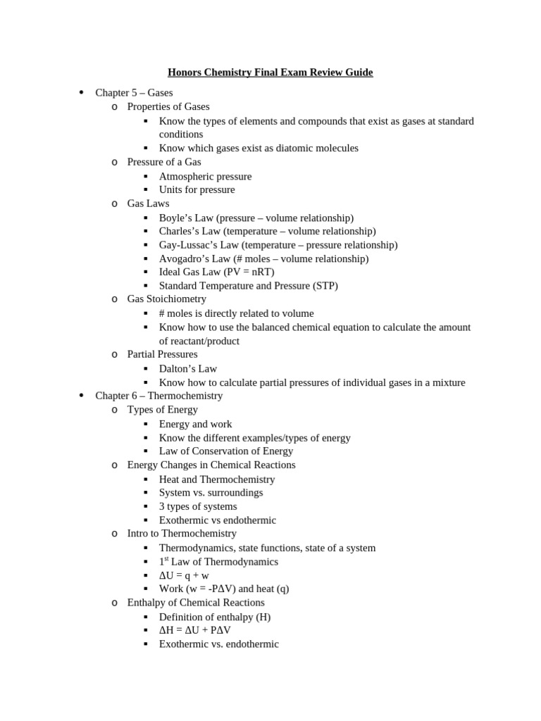 Honors Chem Final Exam Review Guide | PDF