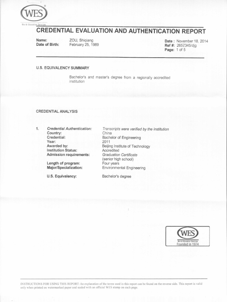 Zou Shiqiang Wes Credential Evaluation | PDF | Engineering