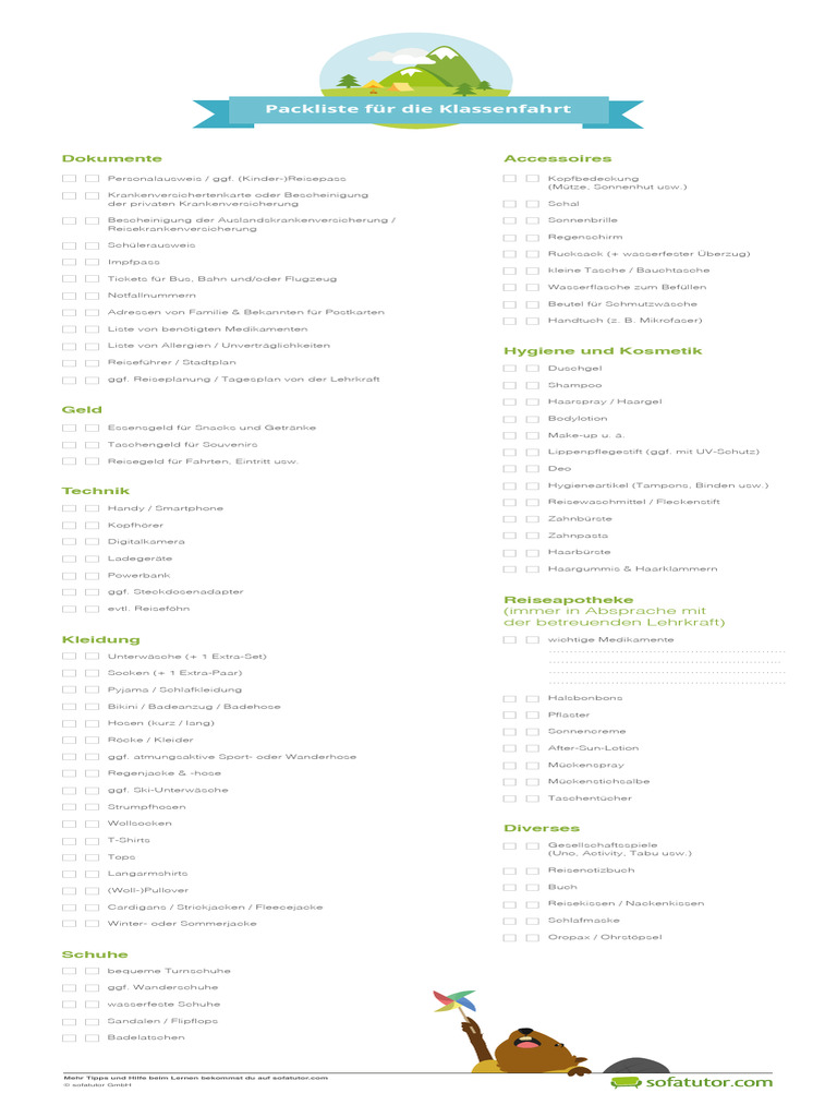Klassenfahrt Packliste Madchen