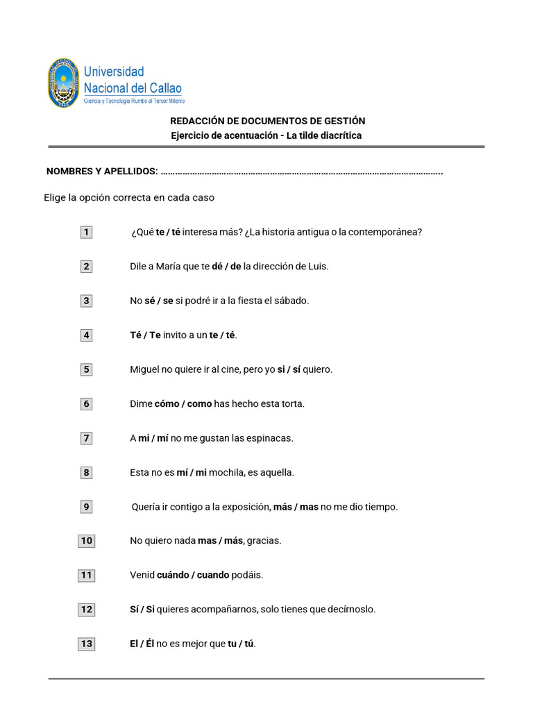Ejercicio de Acentuacion La Tilde Diacritica | PDF