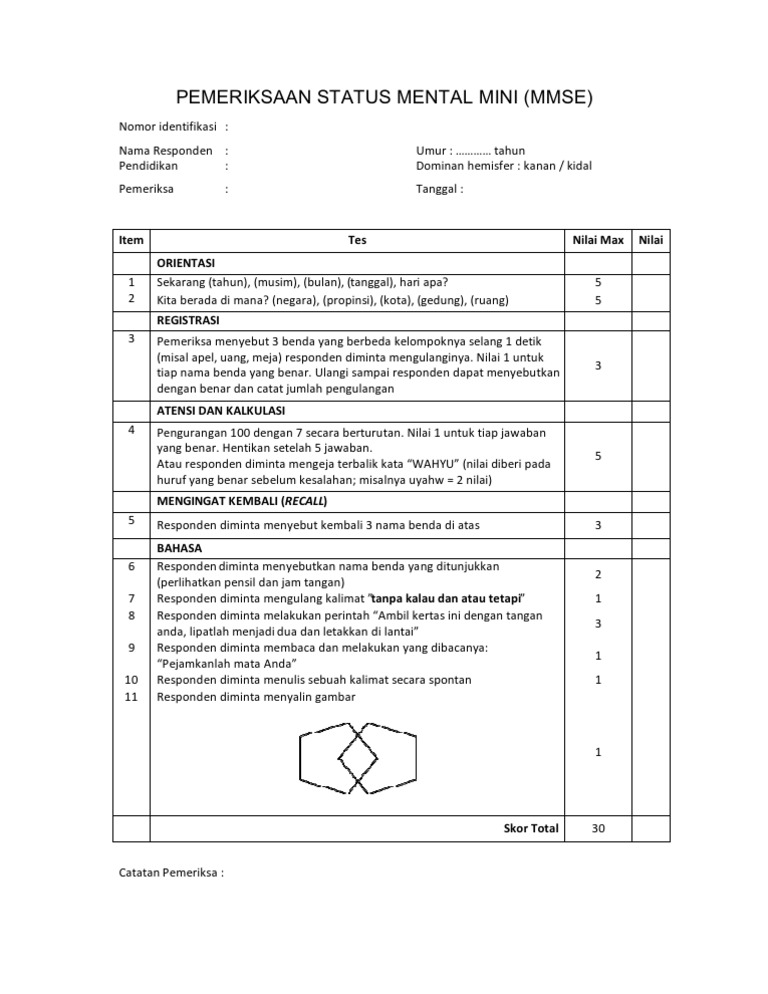 Mmse Pemeriksaan Status Mental Mini | PDF