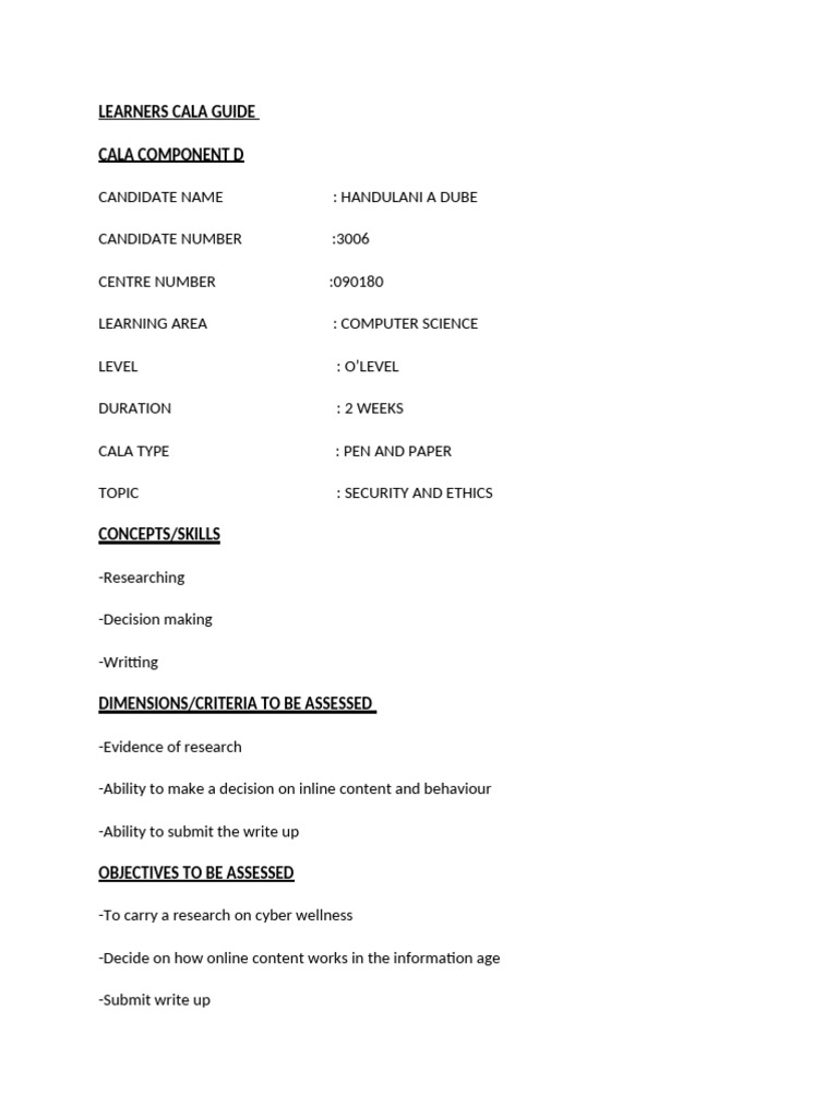 Handulani Dube Cala Component D | PDF