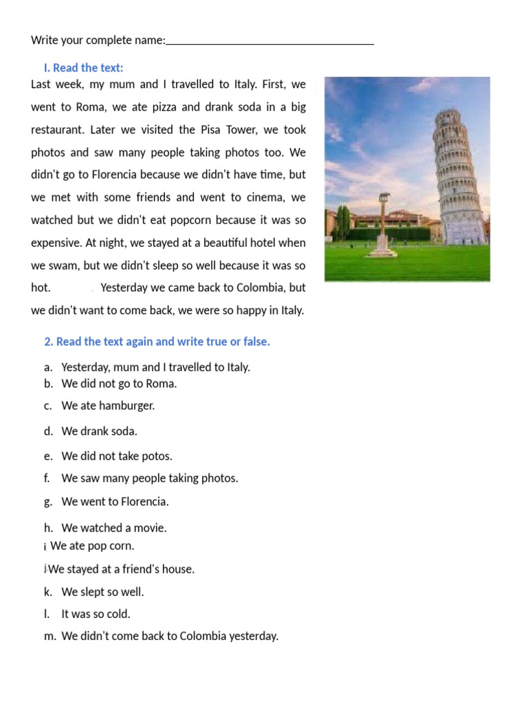 Reading Comprehension Past Simple True or False | PDF