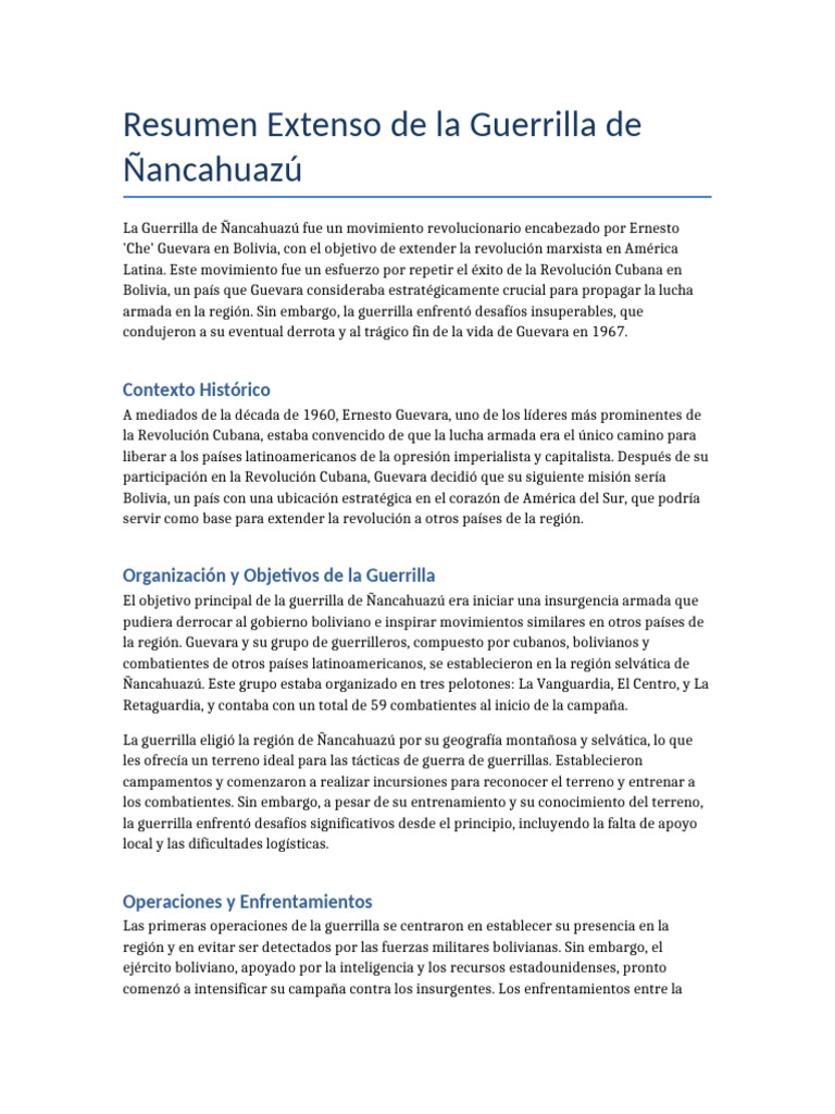 Resumen Extenso Guerrilla Nancahuazu | PDF