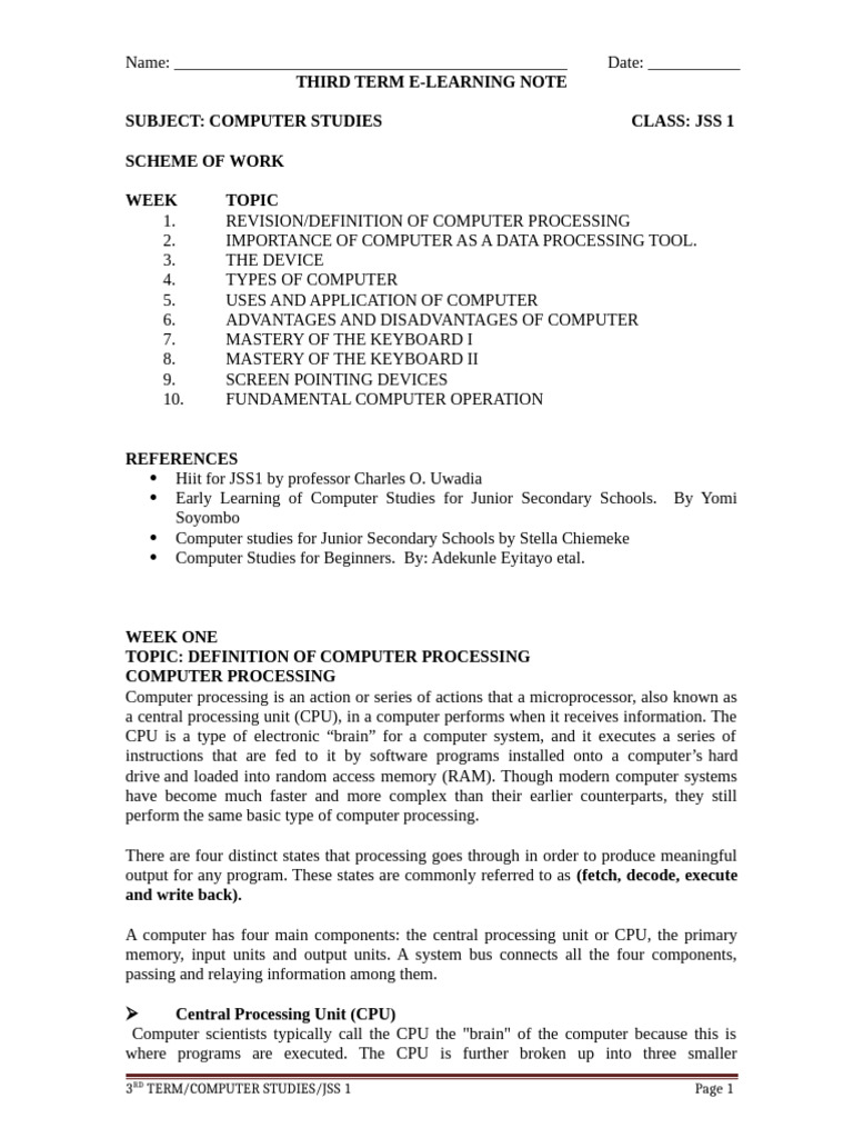 Third Term JSS1 Computer Studies | PDF