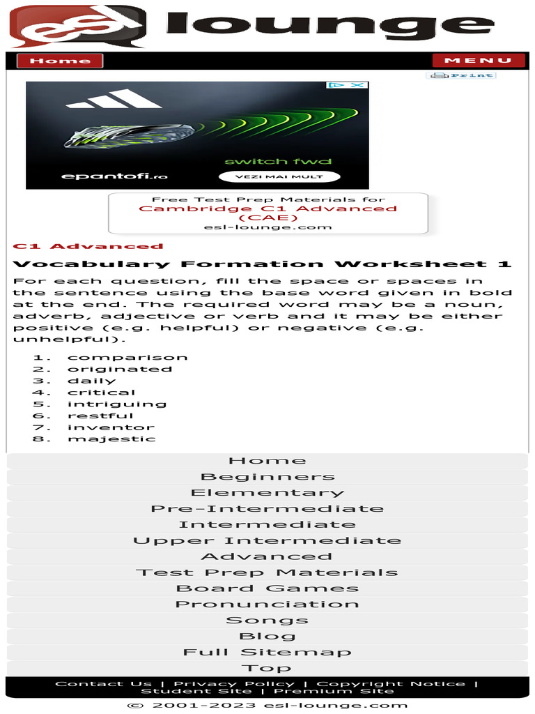 C1 Advanced (Certificate in Advanced English) Examination - Word Formation Worksheet 1. Answer ...