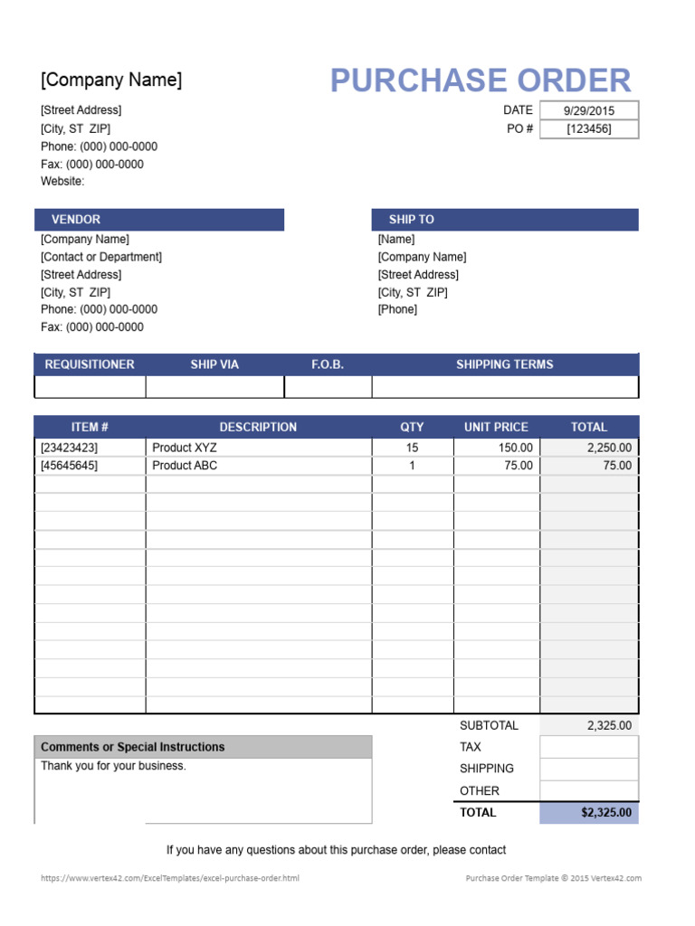 PDF Template Purchase Order Template | PDF