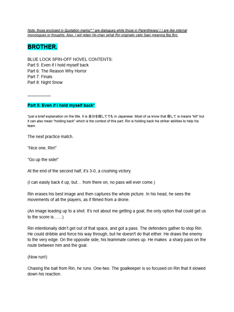 Blue Lock Spin-Off Novel - Itoshi Rin, Brother Part 2 | PDF