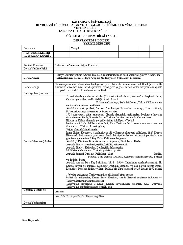 Veterinerlik Bolumu 1. Ve 2. Donem Ders Icerikleri 1 | PDF