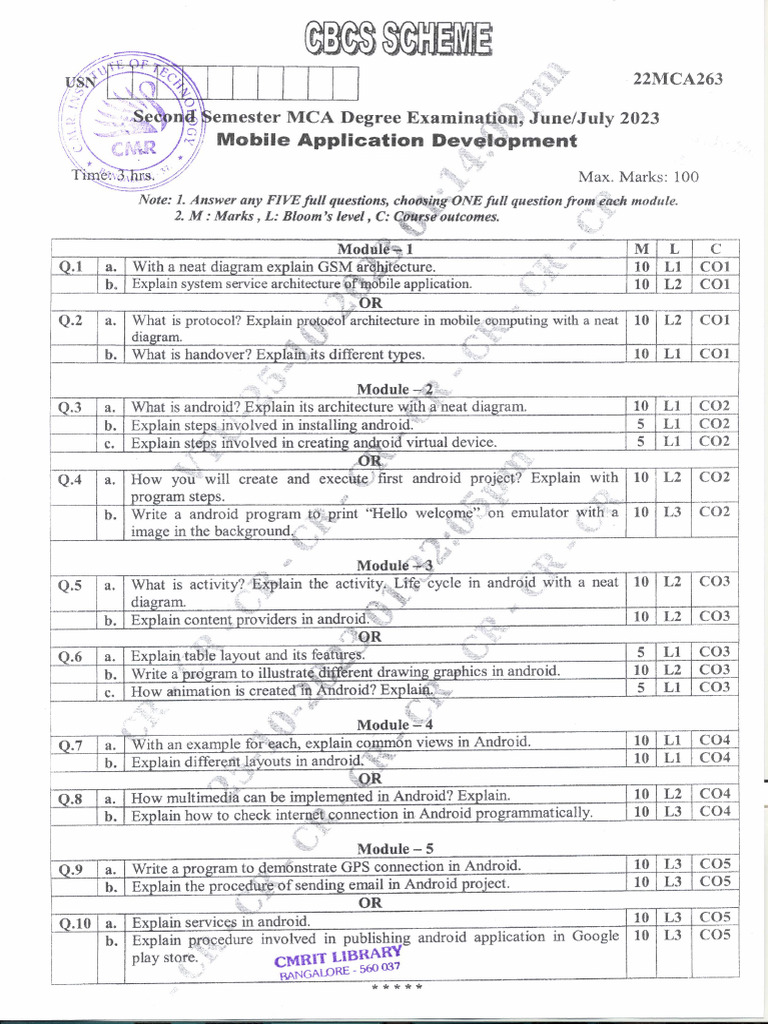 VTU Question Paper of 22MCA263 Mobile Application Development June-July ...